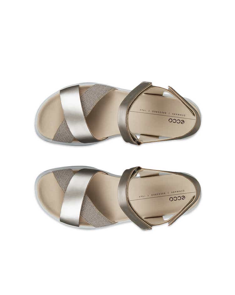 Womens Ecco® Flowt Lx Leather Cork Heeled Wedge Sandal Metallics